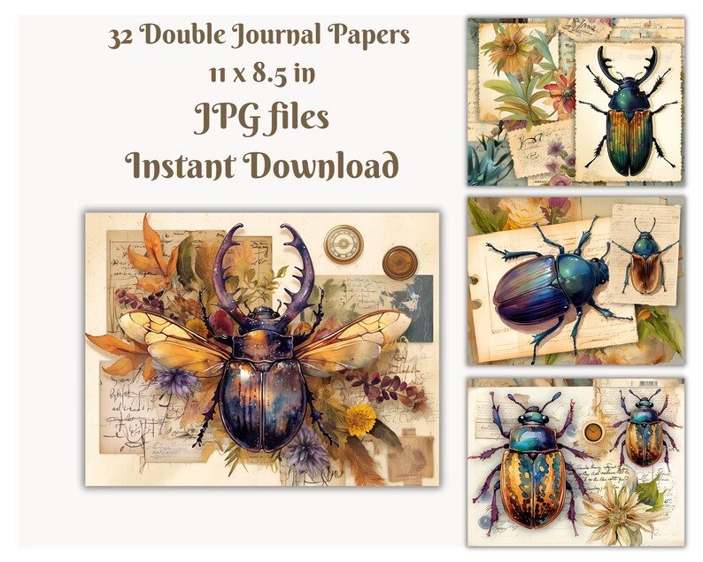 Watercolor Beetle Junk Journal Kit: Vintage Insect Ephemera (digital ...