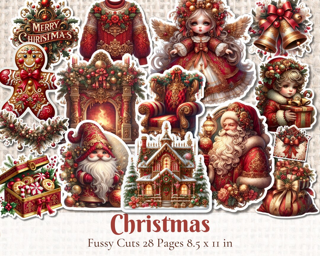 Red and Gold Christmas Fussy Cuts Clipart Stickers Vintage Christmas ...