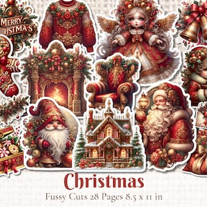 Red and Gold Christmas Fussy Cuts Clipart Stickers Vintage Christmas ...
