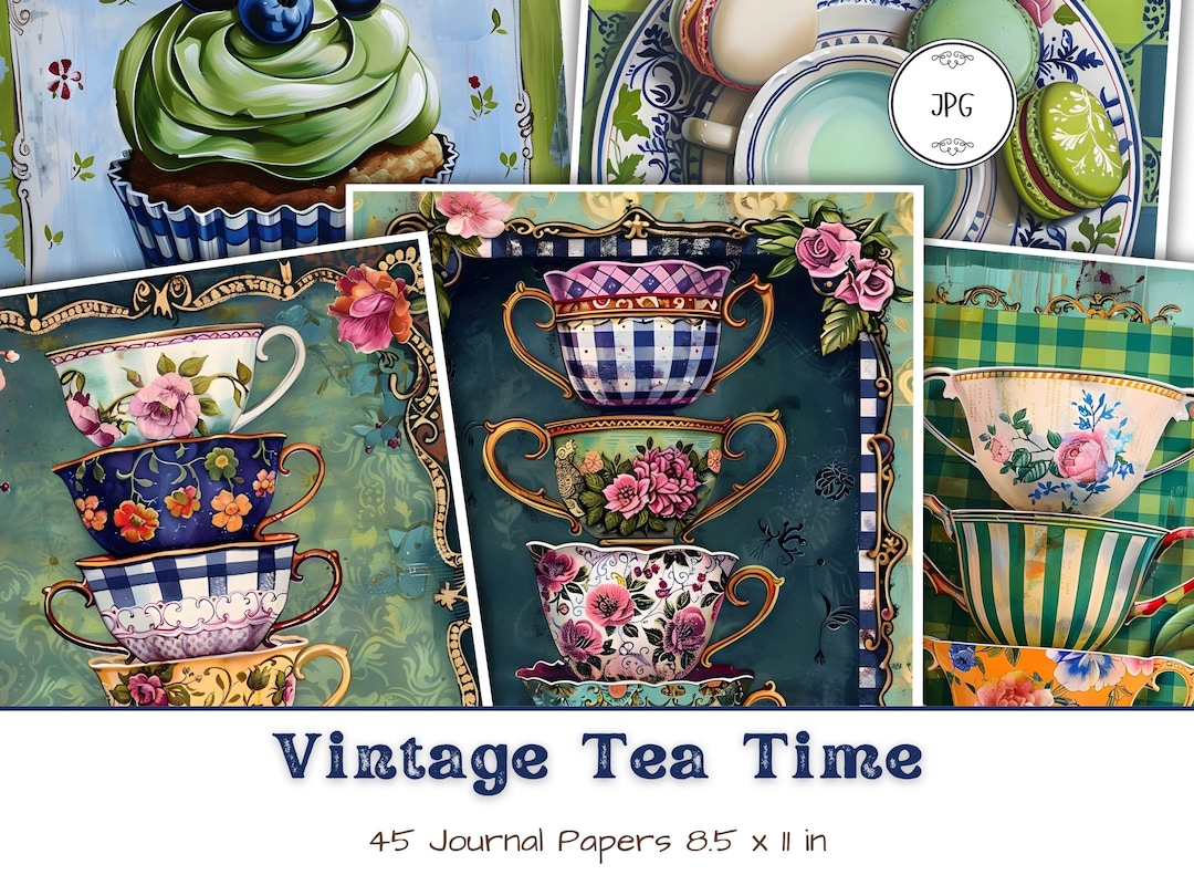 Vintage Tea Time Junk Journal Pages, Retro Teapot Printable Scrapbook ...