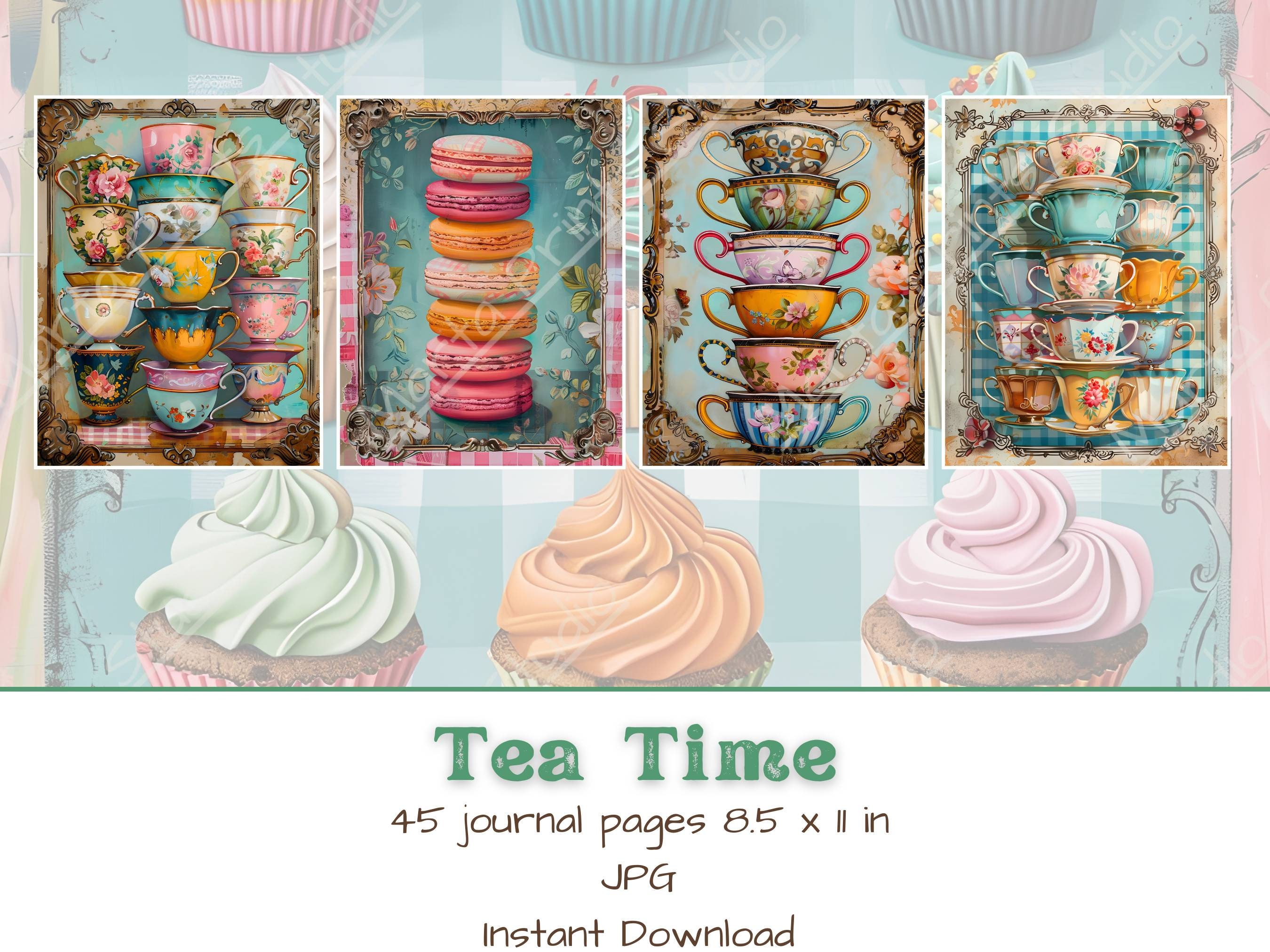 Vintage Tea Time Junk Journal Pages, Retro Teapot Printable Scrapbook ...