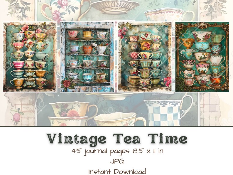 Vintage Tea Time Junk Journal Pages, Retro Teapot Printable Scrapbook ...
