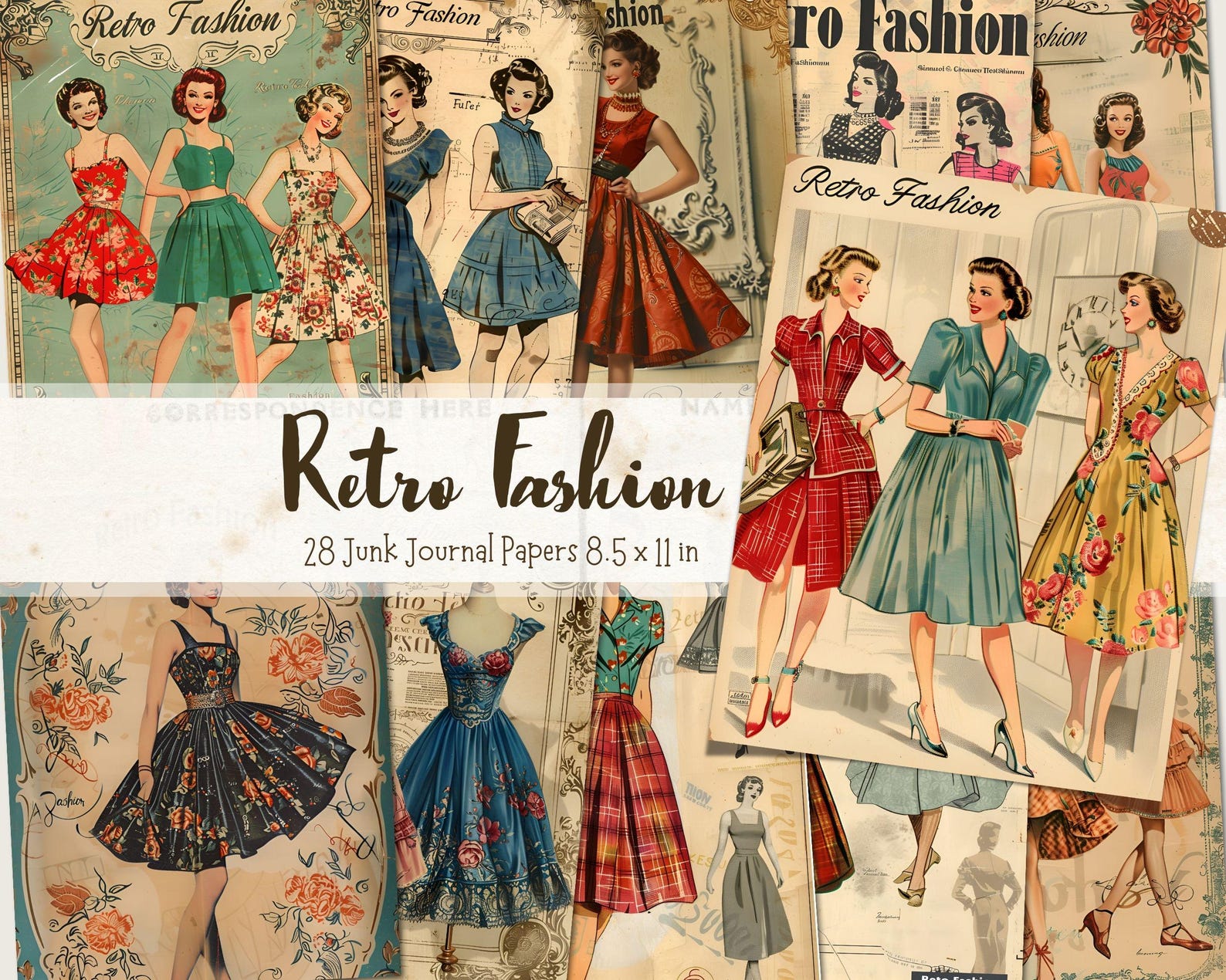 Vintage 50s Fashion Printable Papers, Retro Ephemera (digital Download ...