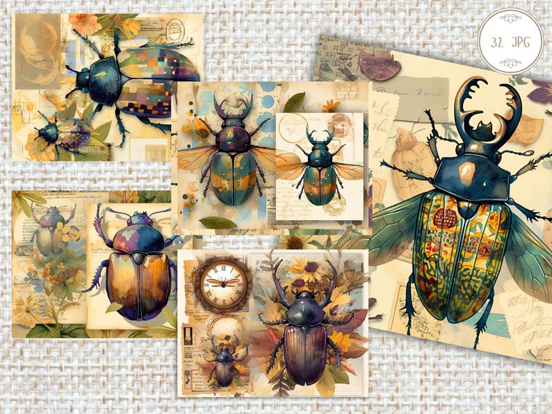 Watercolor Beetle Junk Journal Kit: Vintage Insect Ephemera (digital ...
