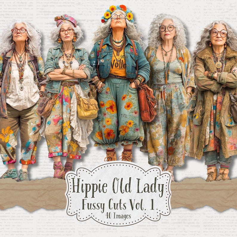 Boho Granny Fussy Cuts: Hippie Old Lady Ephemera (digital Download - Etsy