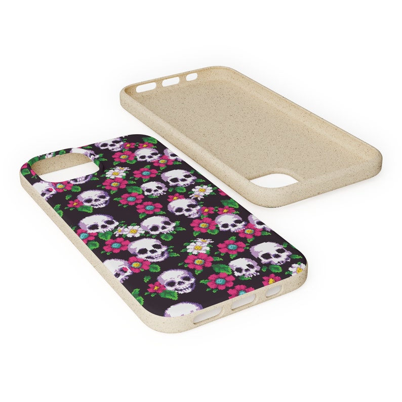 Biodegradable Pixel Art Gothic Floral Skulls Phone Case, Ecofriendly ...
