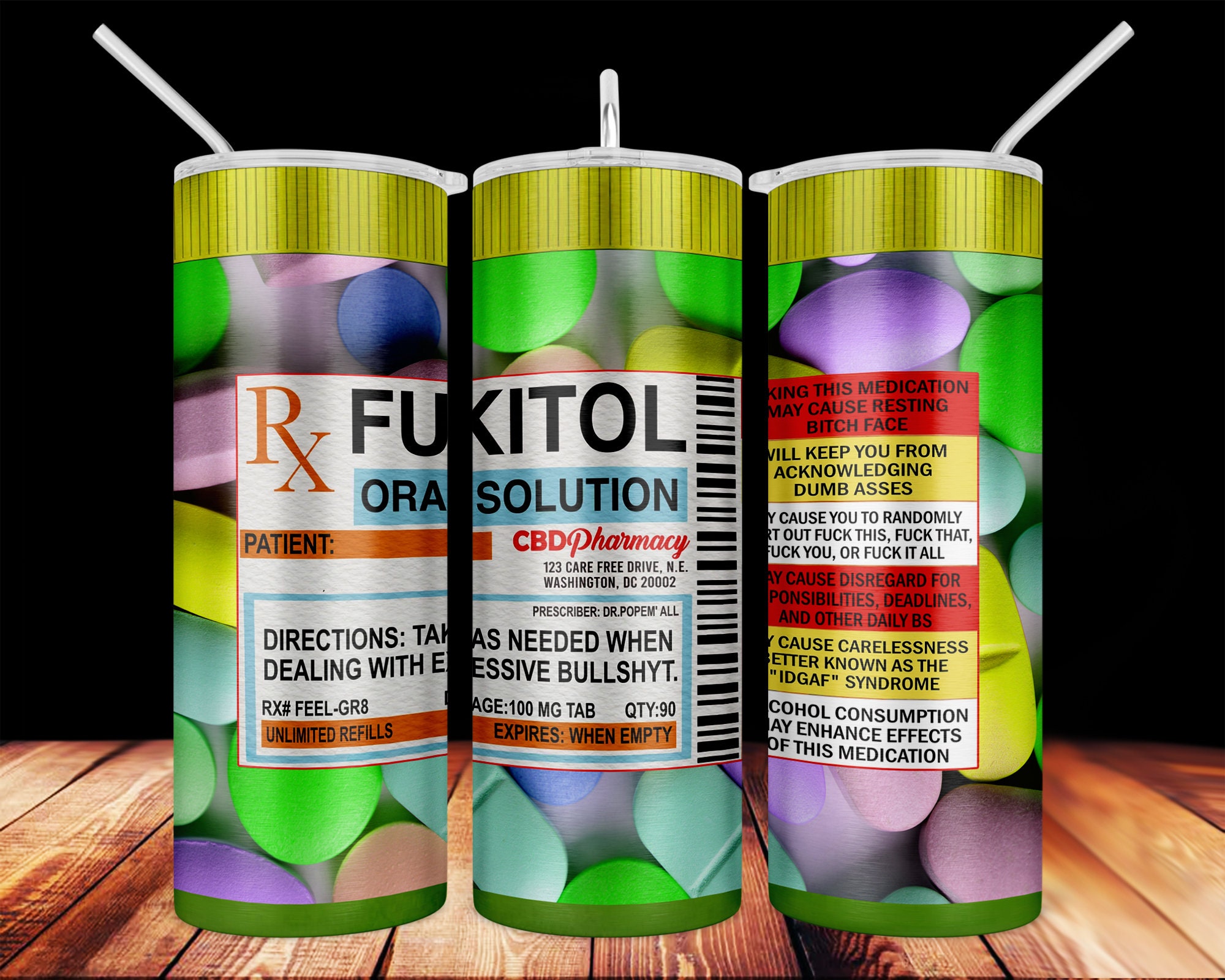 Bundle Fukitol Prescription Funny 20oz Skinny Tumbler Wrap, Seamless ...