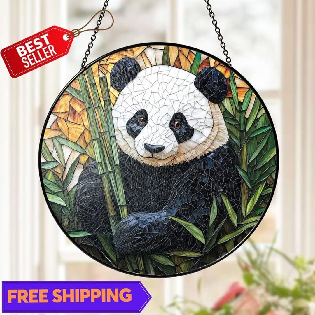 Panda Stained Glass Suncatcher, Handmade Panda Window Decor, Zen Bamboo ...