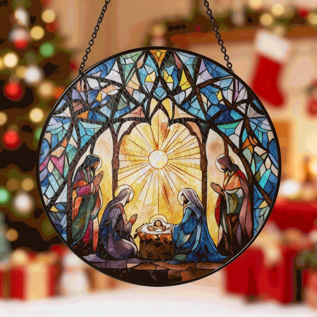Vibrant Handmade Glass Nativity Suncatcher - Holy Family Window Art ...