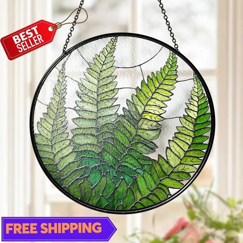 Fern Leaves Stained Glass Suncatcher, Handmade Green Botanical Window ...