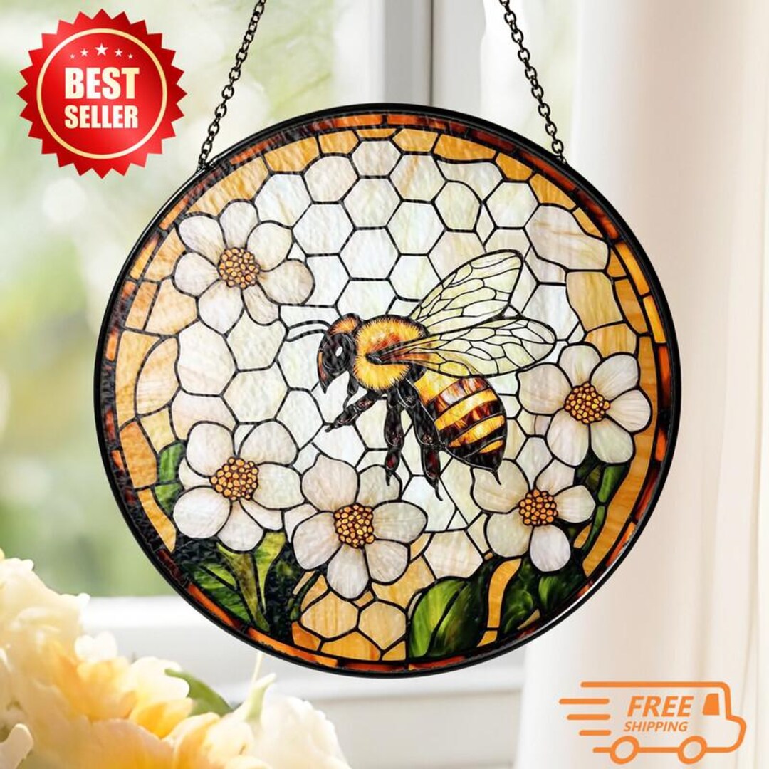 Bee and Flower Suncatcher Glass, Honeycomb Stained Glass Window Hanging ...