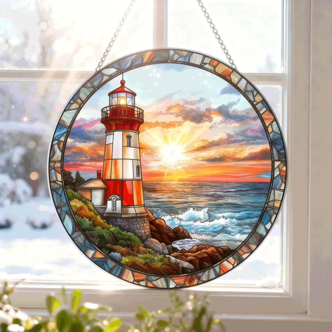 Nautical Lighthouse Stained Glass Suncatcher Coastal Beach Window ...