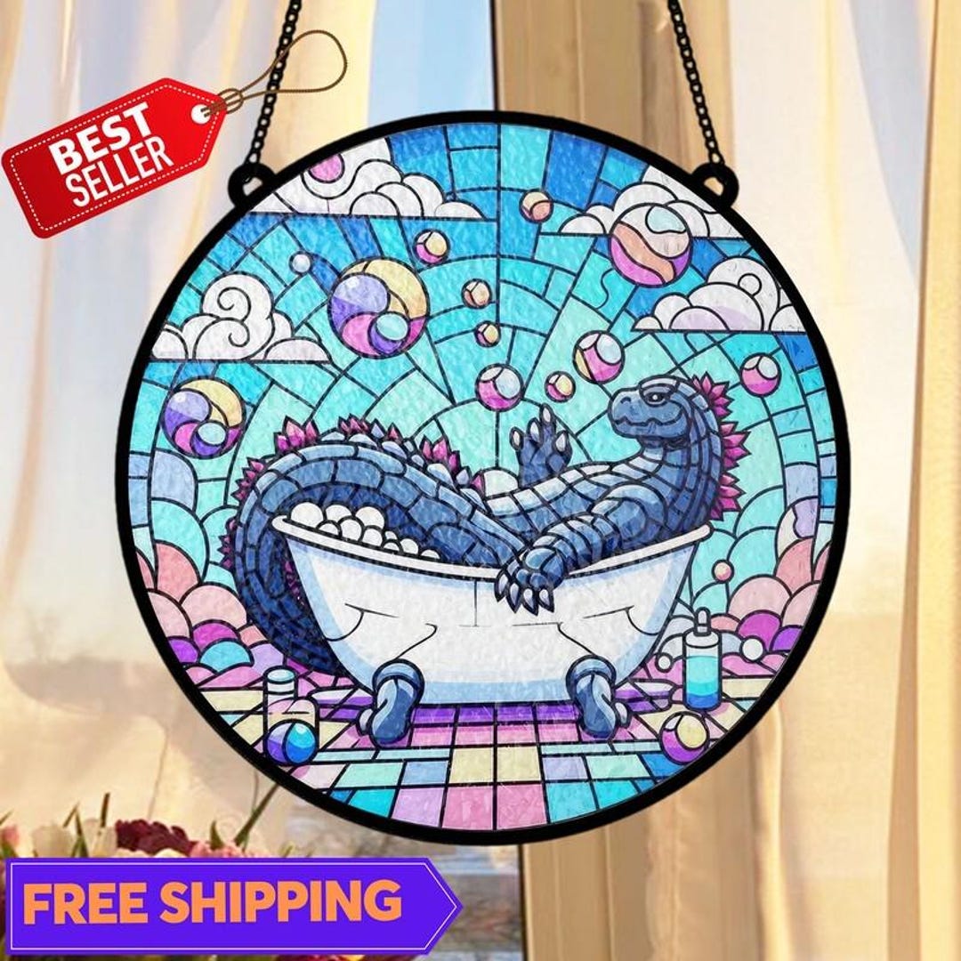 Godzilla Stained Glass Suncatcher, Funny Bathtime Scene, Bathroom ...