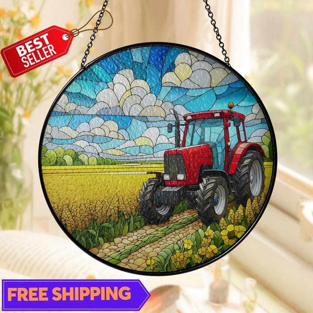 Red Tractor Stained Glass Suncatcher, Farm Scene Window Panel, Rustic ...