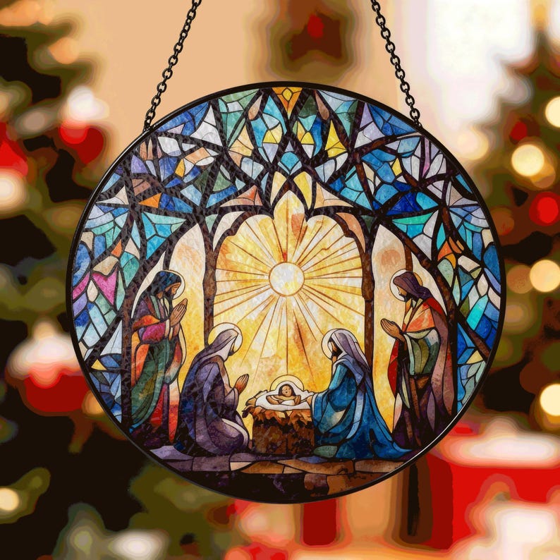 Vibrant Handmade Glass Nativity Suncatcher - Holy Family Window Art ...
