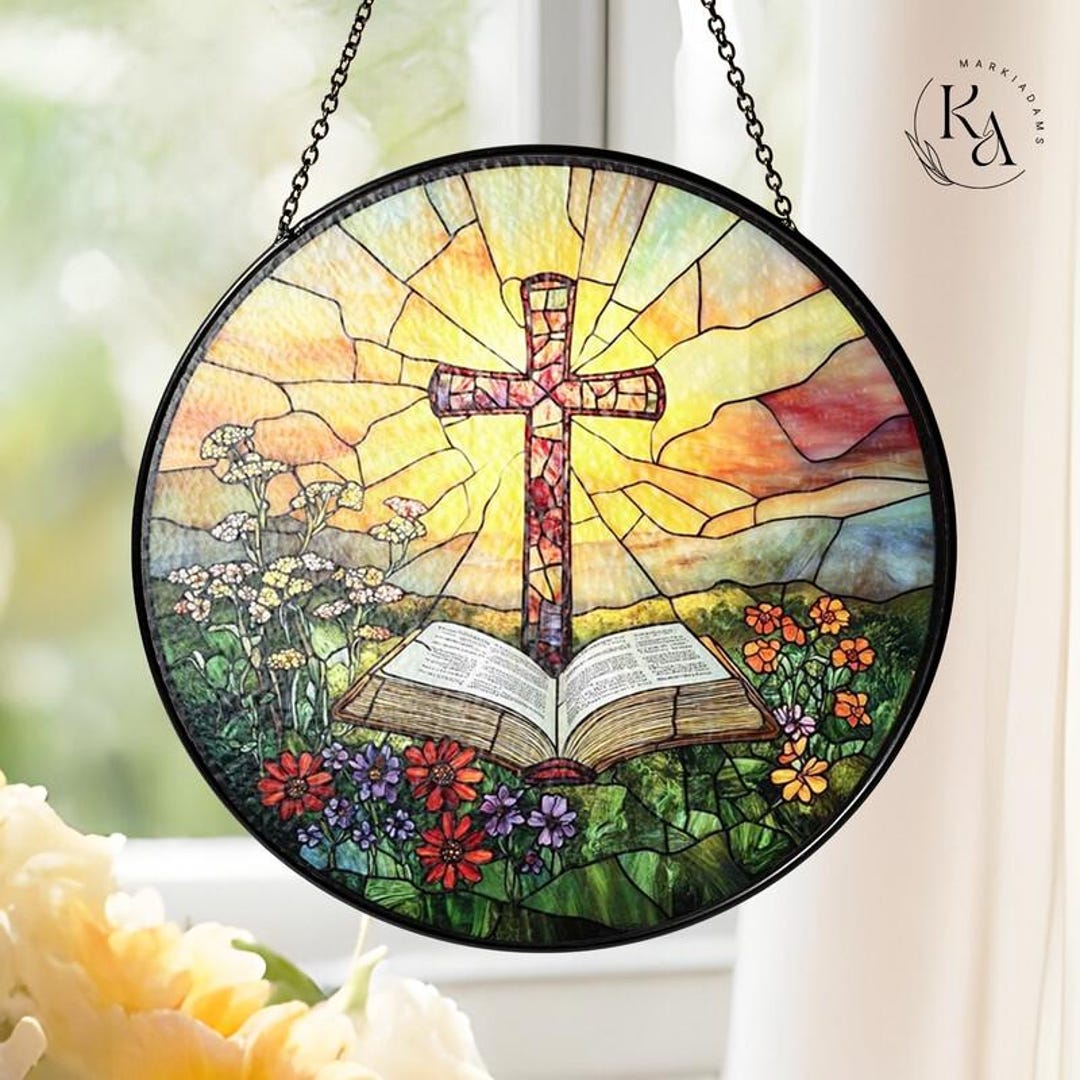 Christian Cross Bible Stained Glass Suncatcher, Round Window Hanging ...