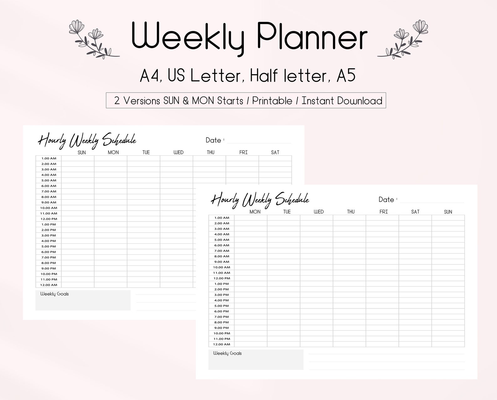24 Hours Weekly Planner Printable, Minimalist Design Templates, Weekly ...