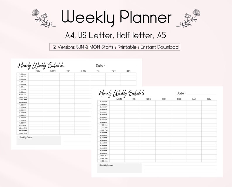 24 Hours Weekly Planner Printable, Minimalist Design Templates, Weekly ...
