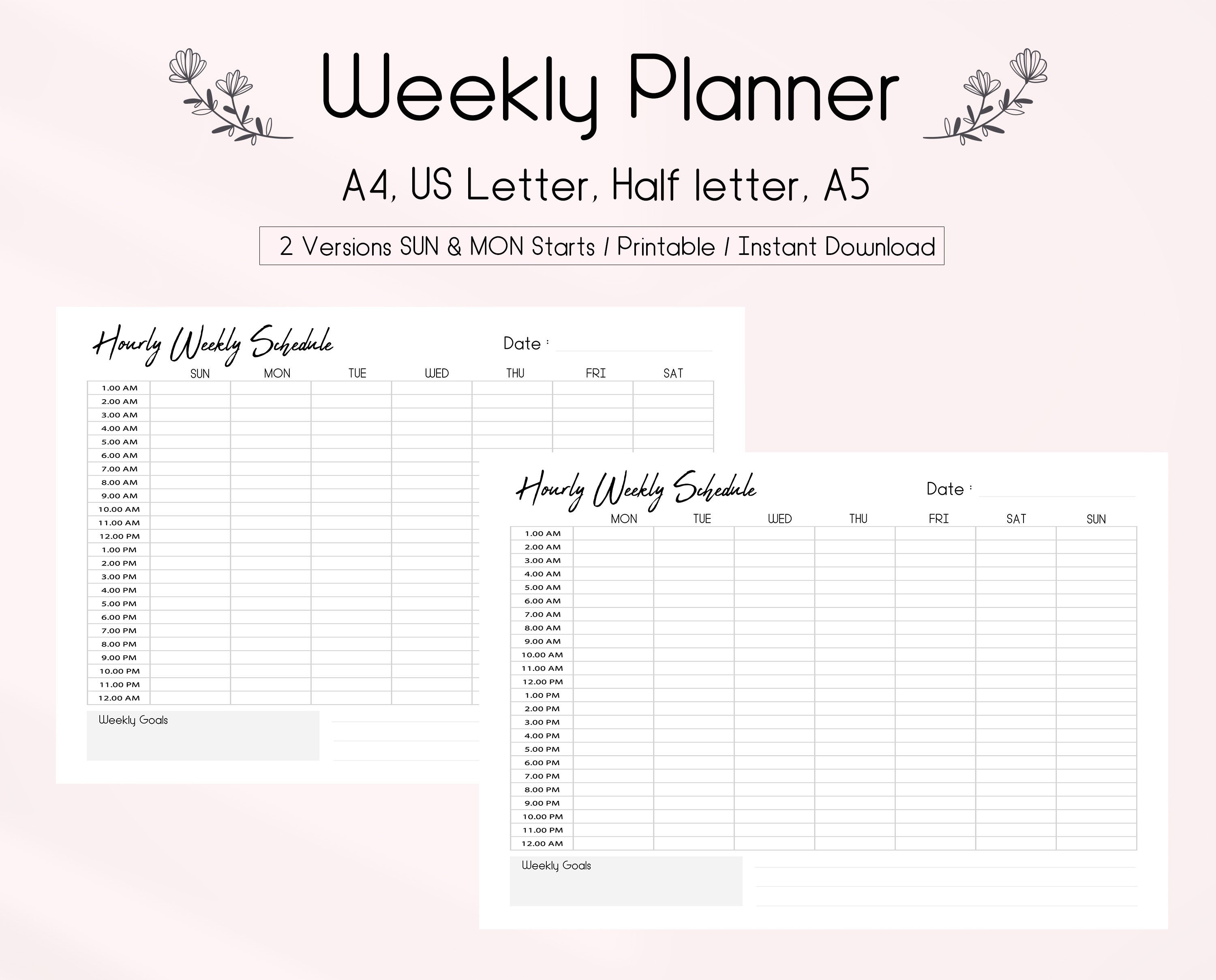 24 Hours Weekly Planner Printable, Minimalist Design Templates, Weekly ...