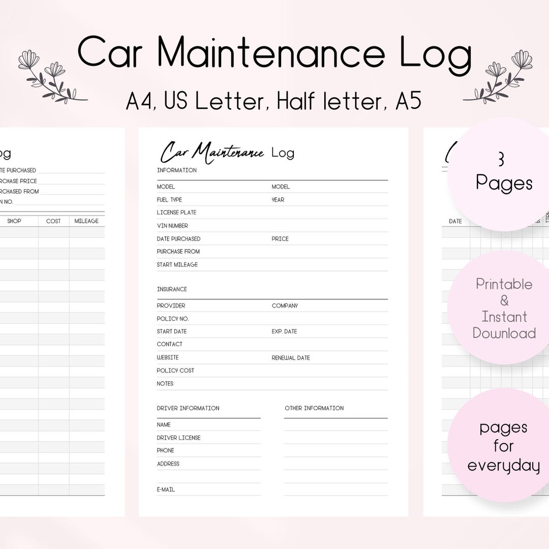 Car Maintenance Log Printable: Vehicle Tracker (PDF Download) - Etsy