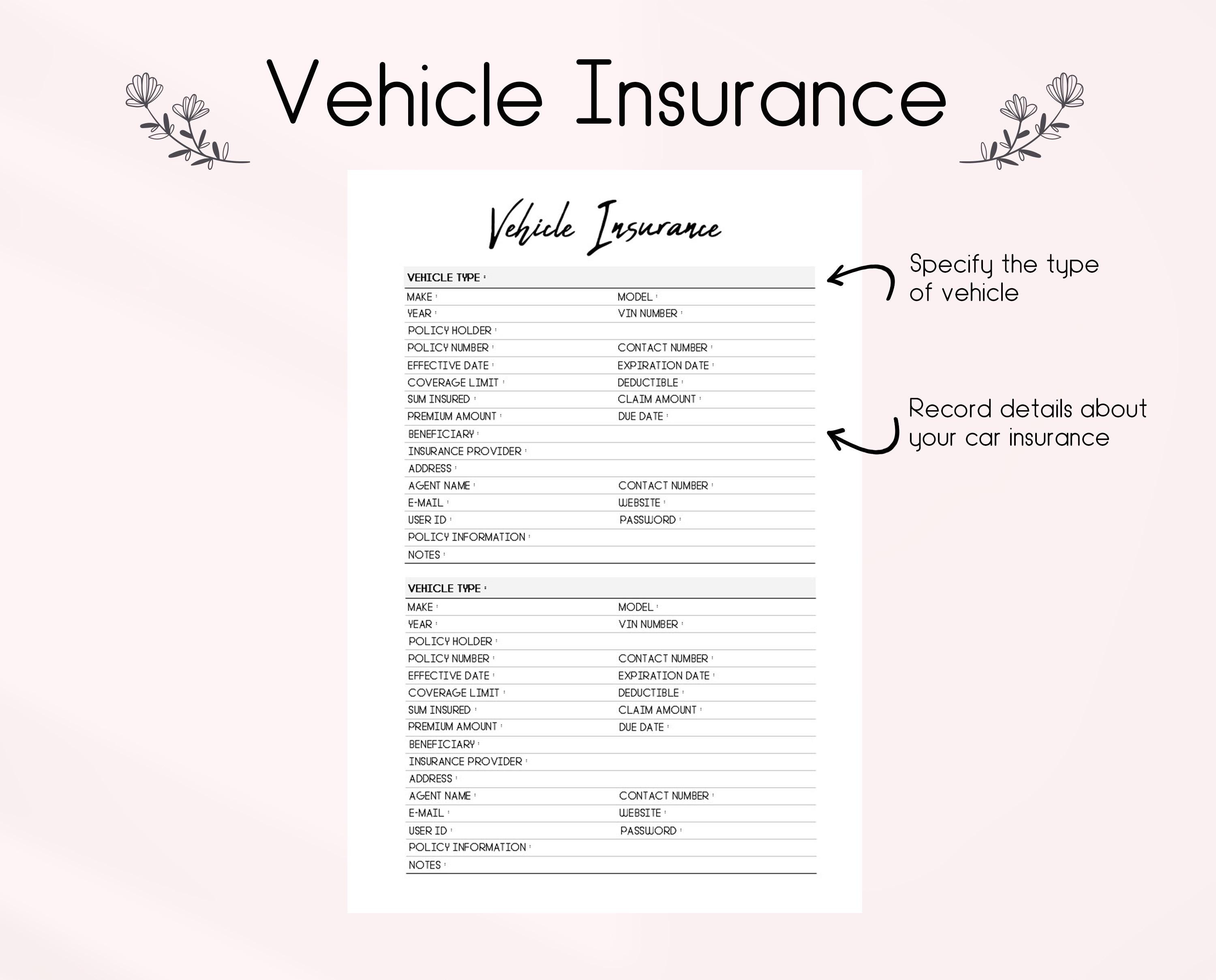 Vehicle Insurance Tracker Printable, Car Insurance Log, Auto Policy ...