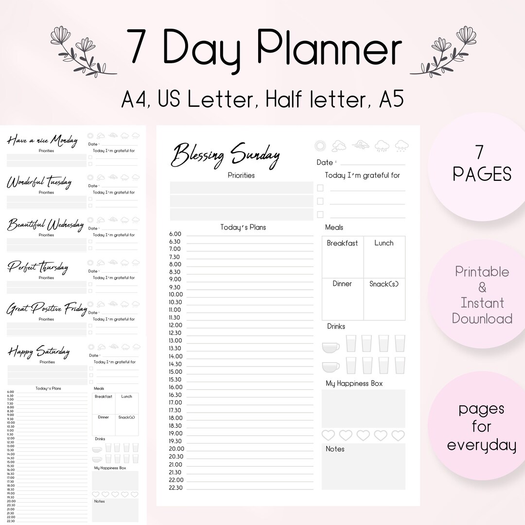 7 Day Planner Printable, Daily Half Hour Planner, Undated Daily ...