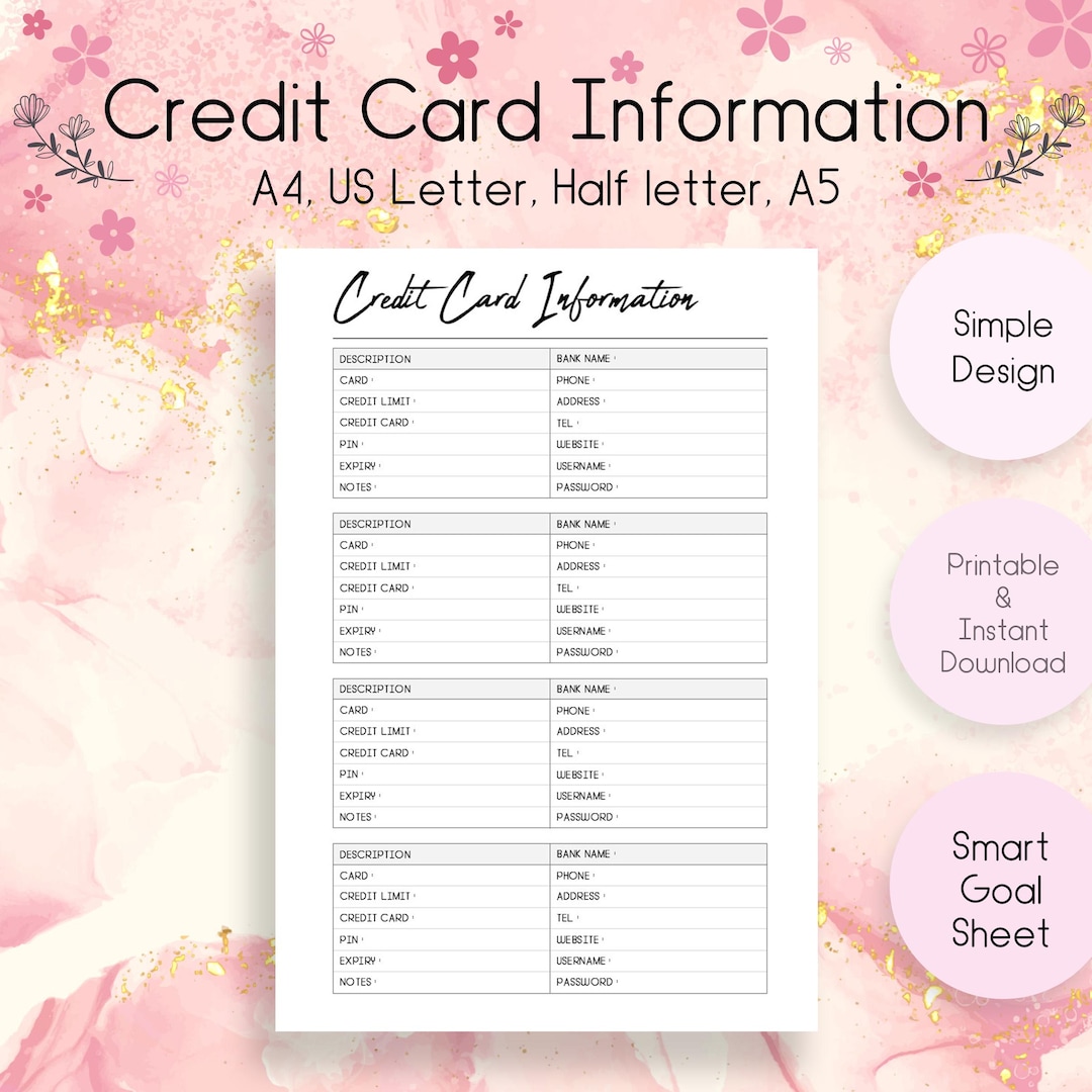 Credit Card Information Template Printable, Credit Card Tracker, Credit ...