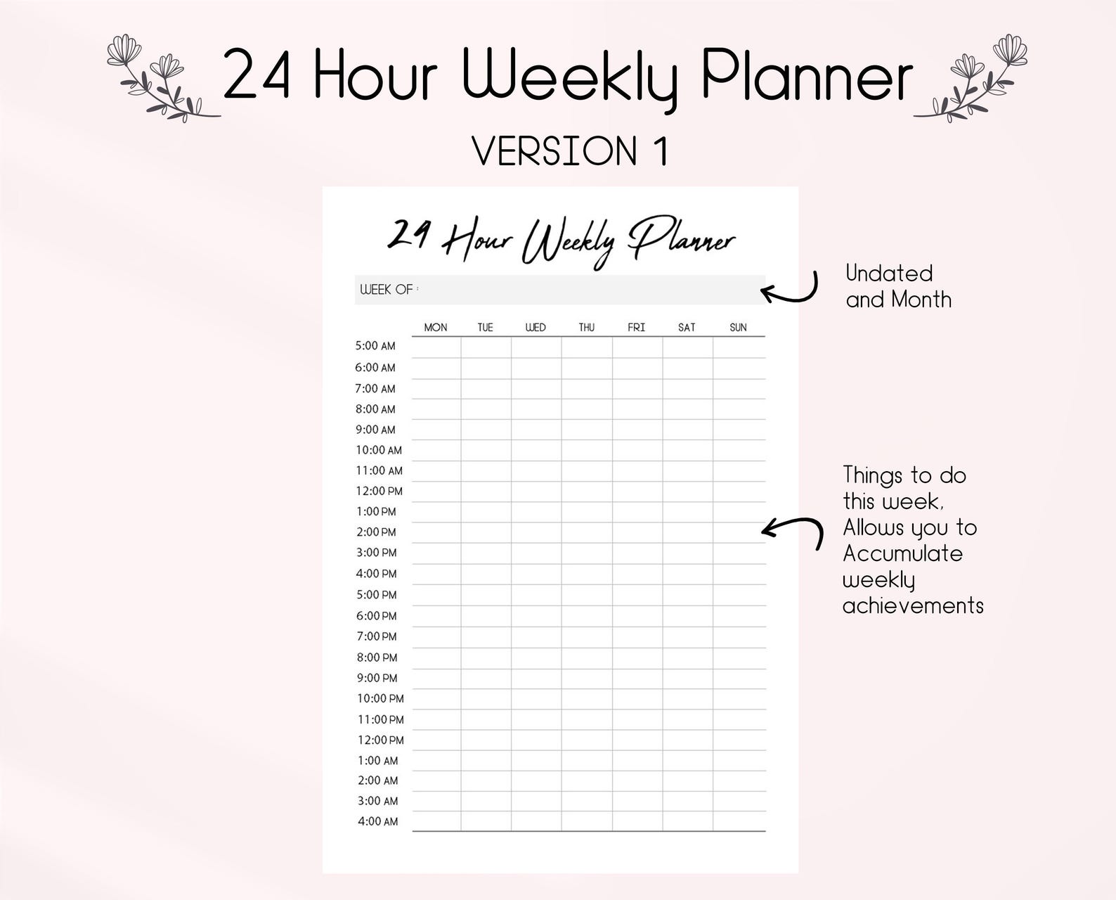 24 Hour Weekly Planner Printable, 24 Hour Weekly Schedule, Weekly ...