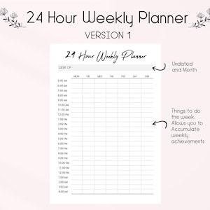 24 Hour Weekly Planner Printable, 24 Hour Weekly Schedule, Weekly ...