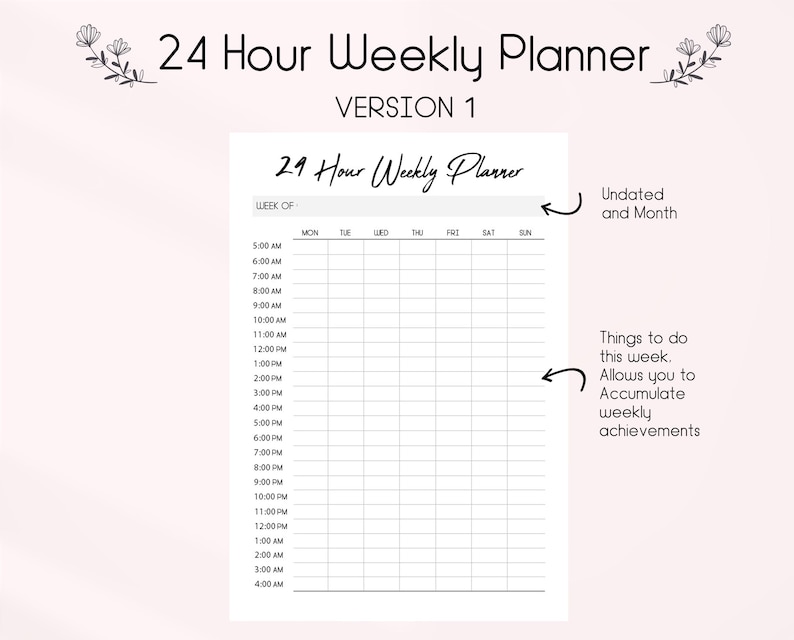 24 Hour Weekly Planner Printable, 24 Hour Weekly Schedule, Weekly ...