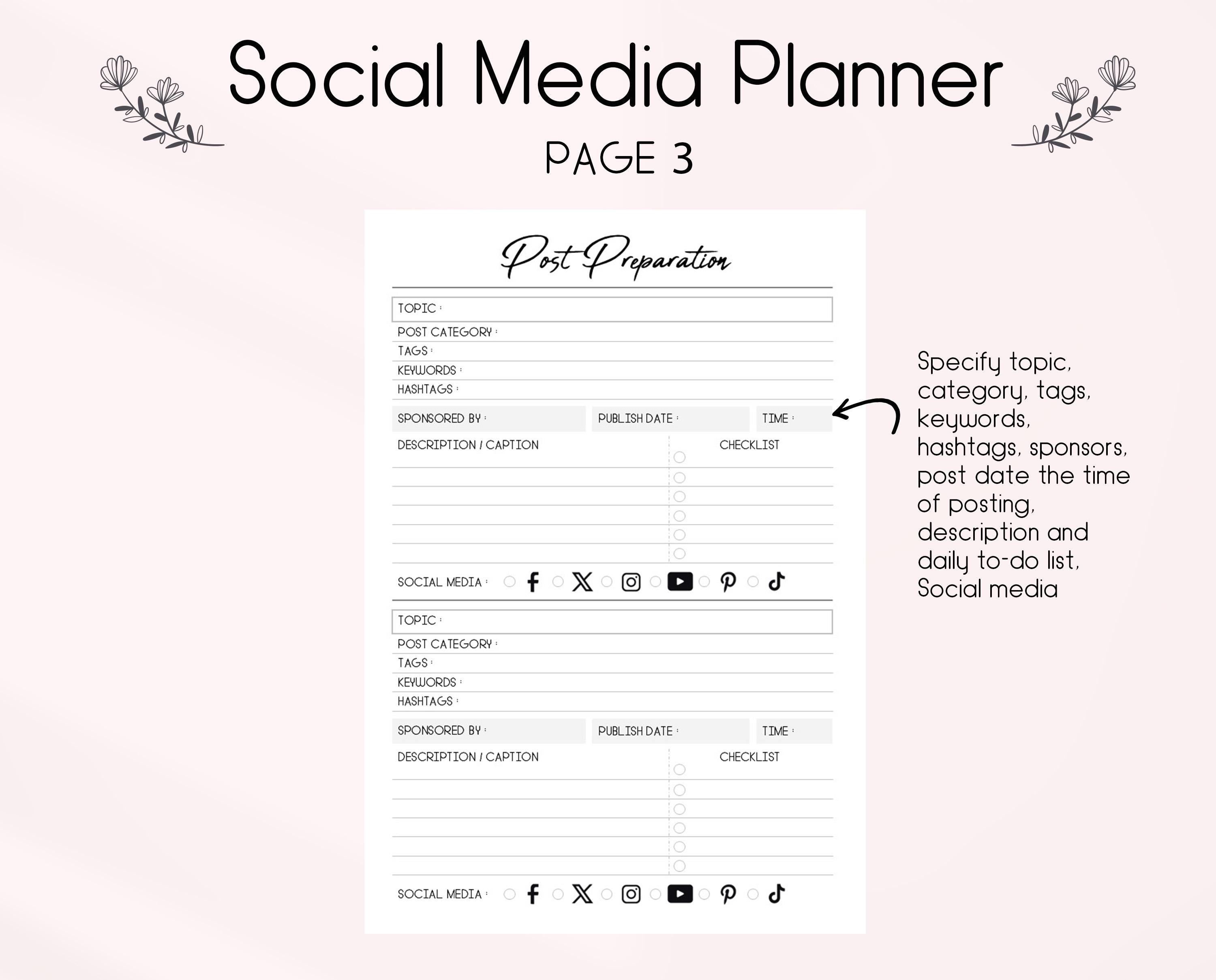 Social Media Post Planner Template Printable, Post Tracker, Content ...