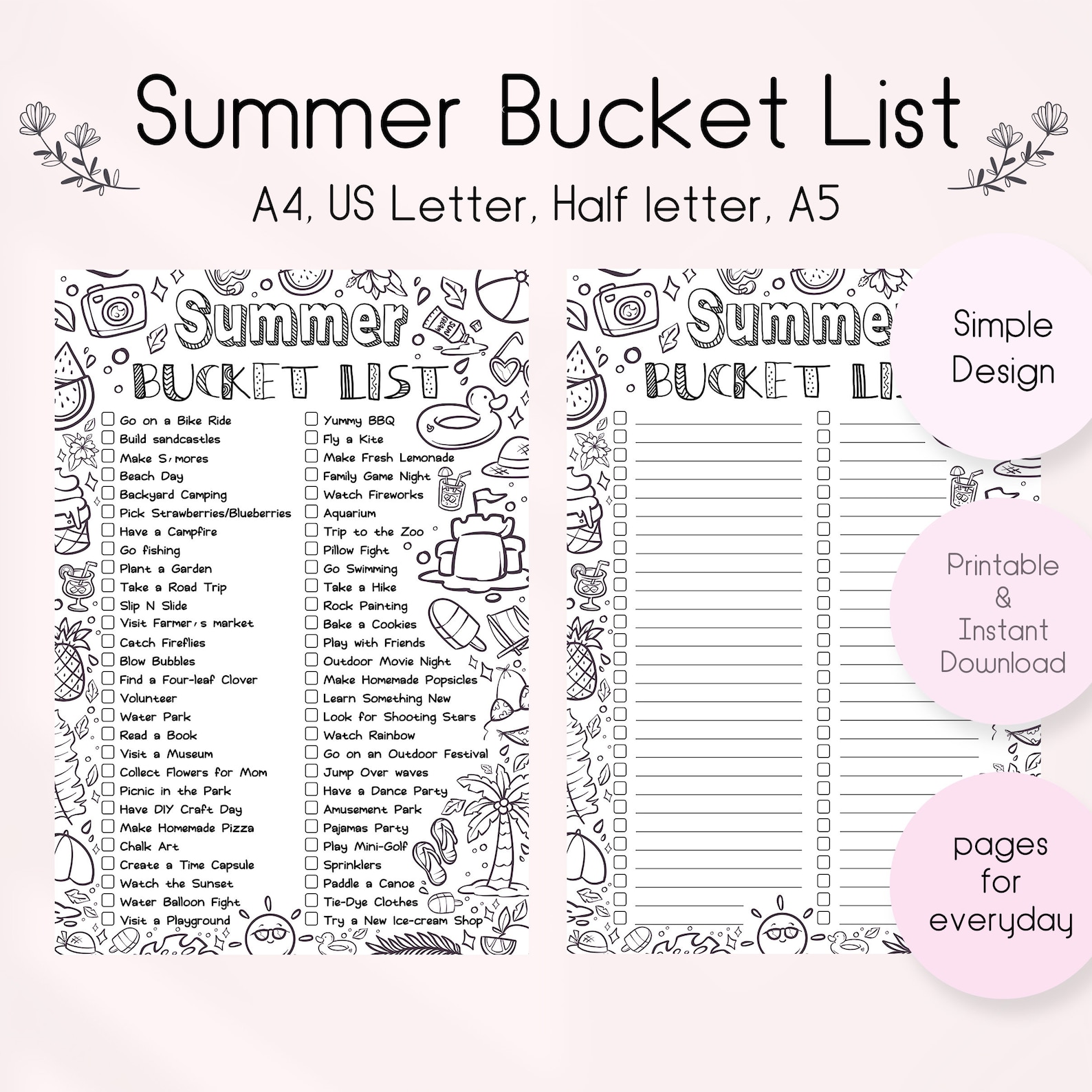 Summer Bucket List Printable, Summer Activities for Kids Checklist ...