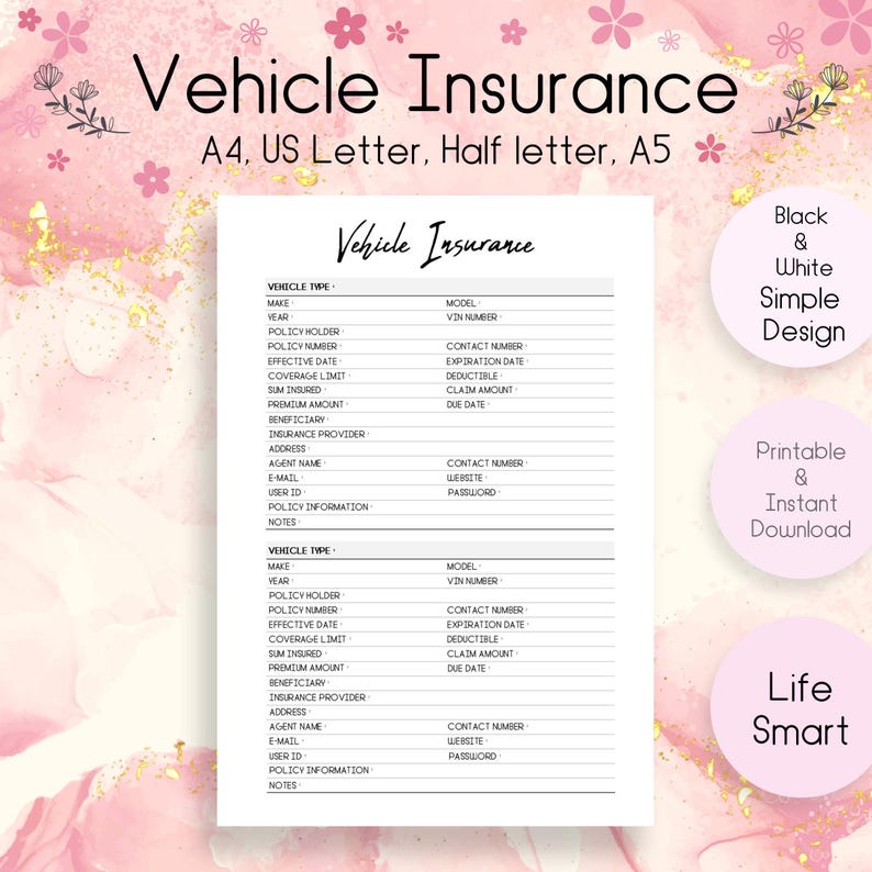 Vehicle Insurance Tracker Printable, Car Insurance Log, Auto Policy ...