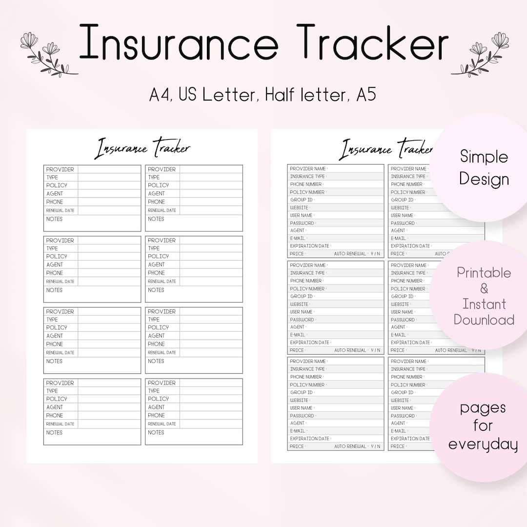 Insurance Information Tracker Printable, Insurance Policy Provider ...