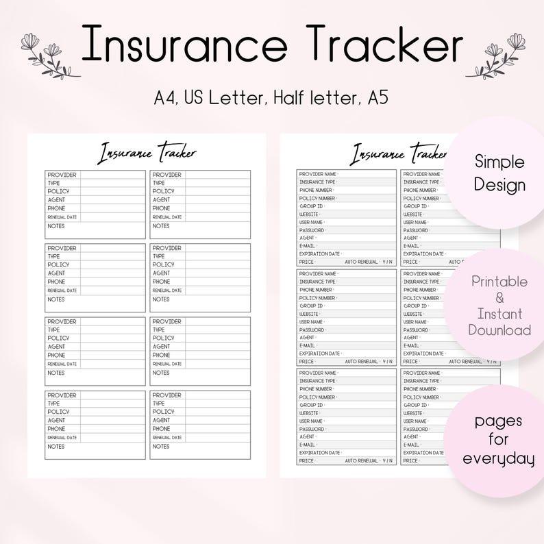 Insurance Information Tracker Printable, Insurance Policy Provider ...