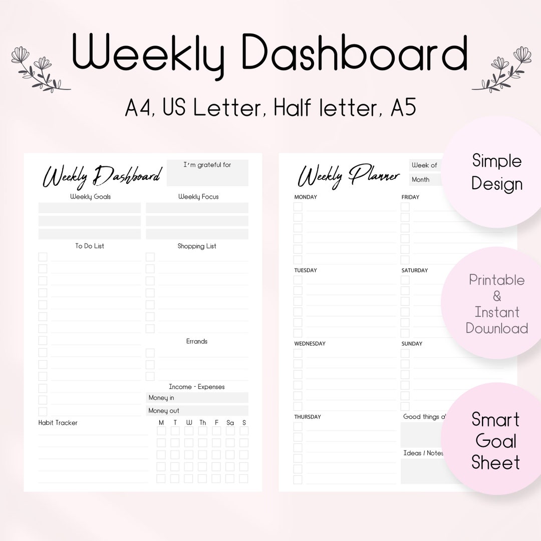 Weekly Dashboard Printable, Minimalist Design Templates, Weekly Planner ...