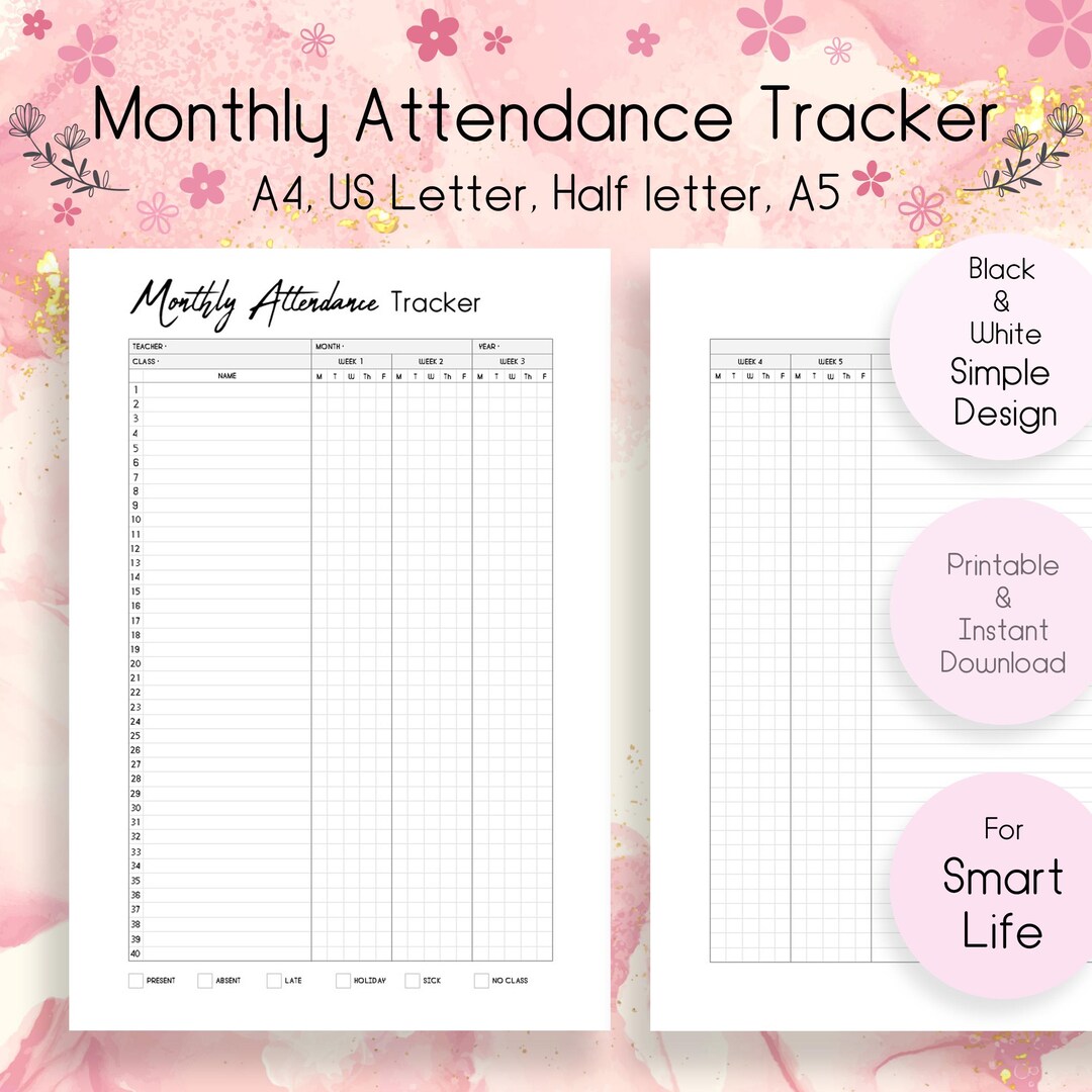 Monthly Attendance Tracker Printable | Teacher Attendance Sheet ...