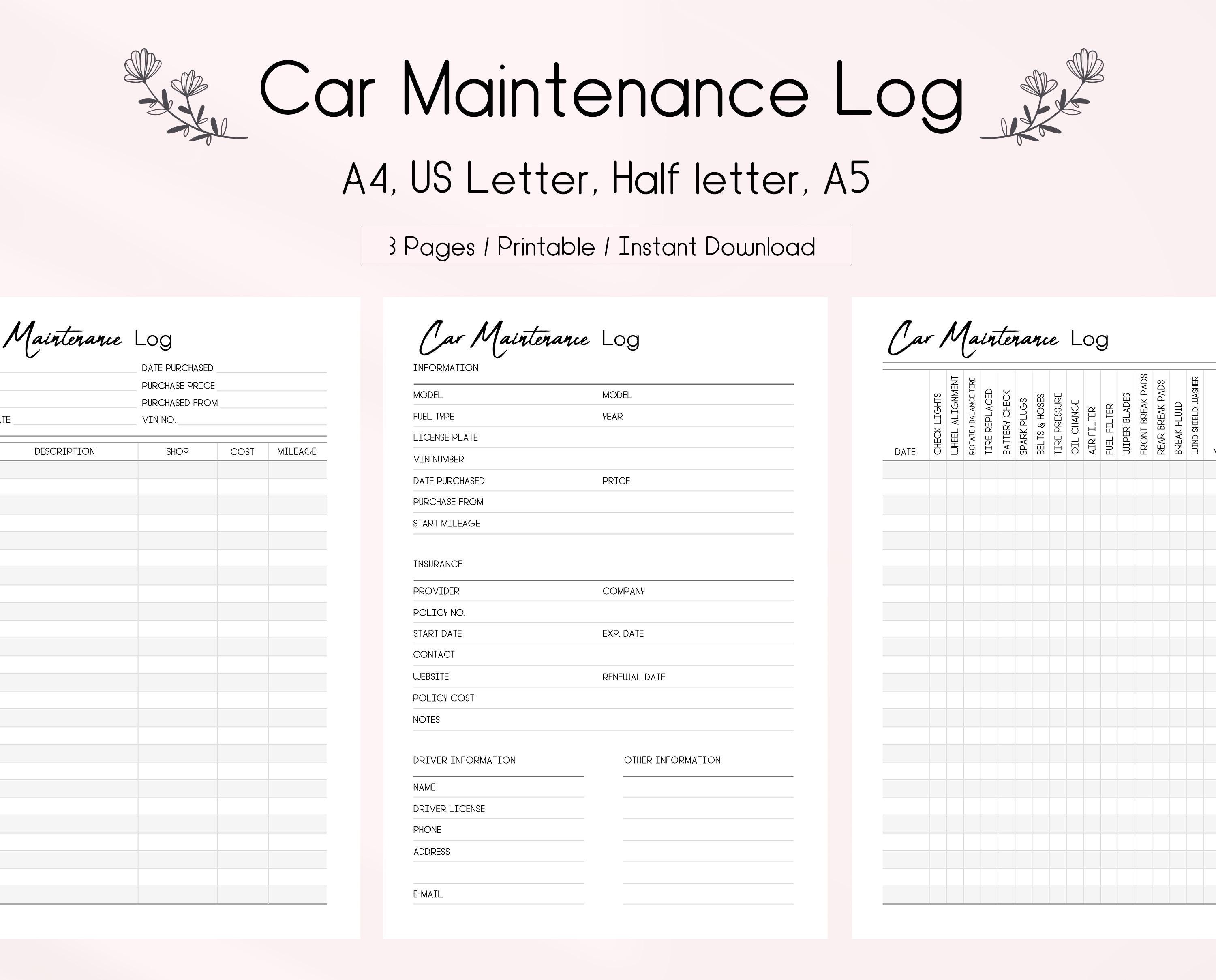 Car Maintenance Log Printable: Vehicle Tracker (PDF Download) - Etsy
