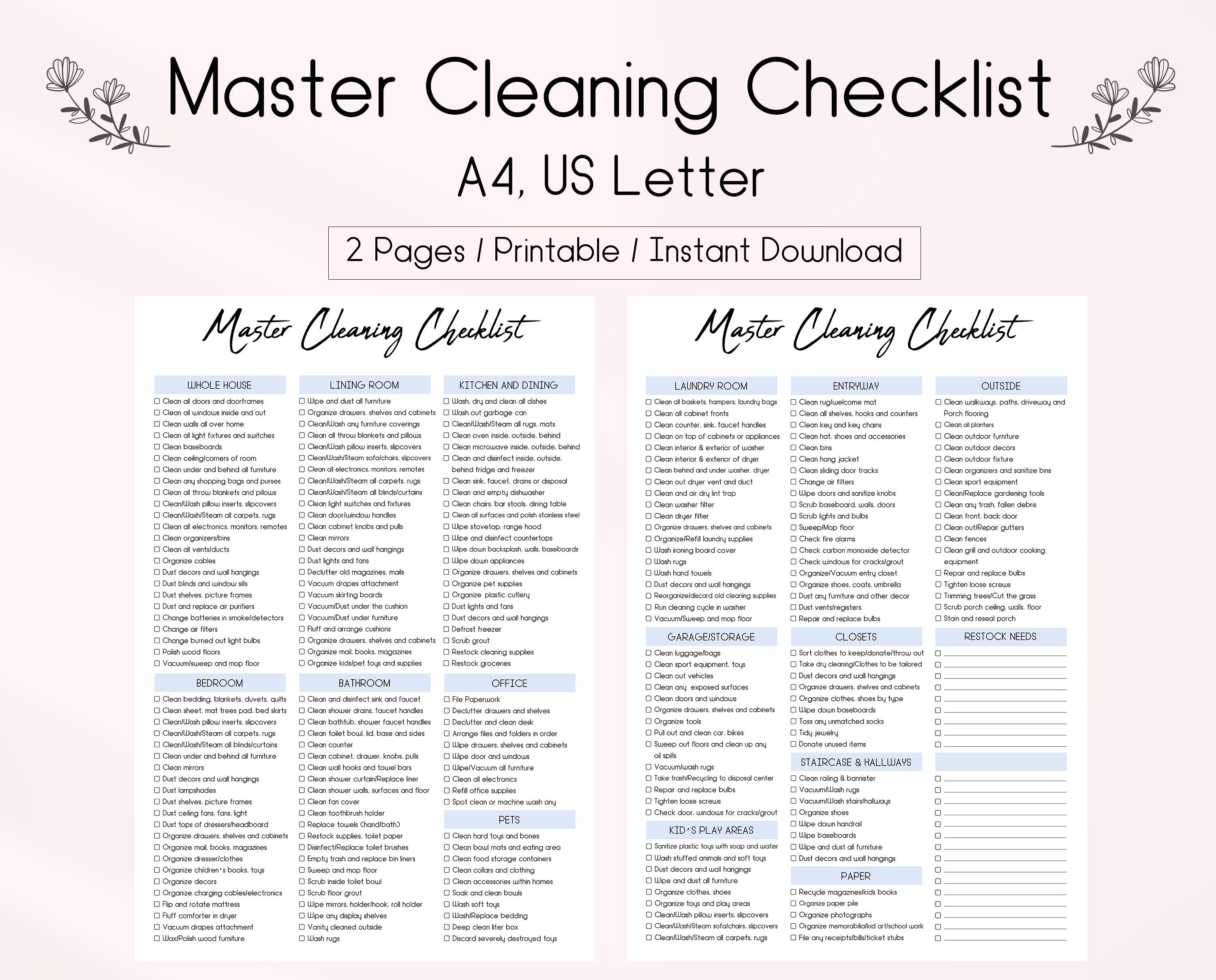 Master Cleaning Checklist Printable: Home Chore List (PDF Download) - Etsy