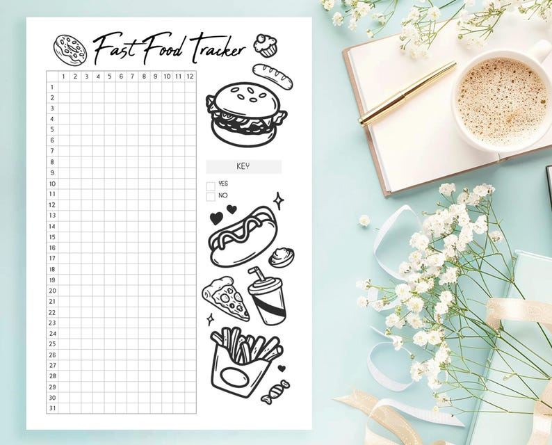 Printable Fast Food Tracker, Fast Food Journal Template, Health Tracker ...