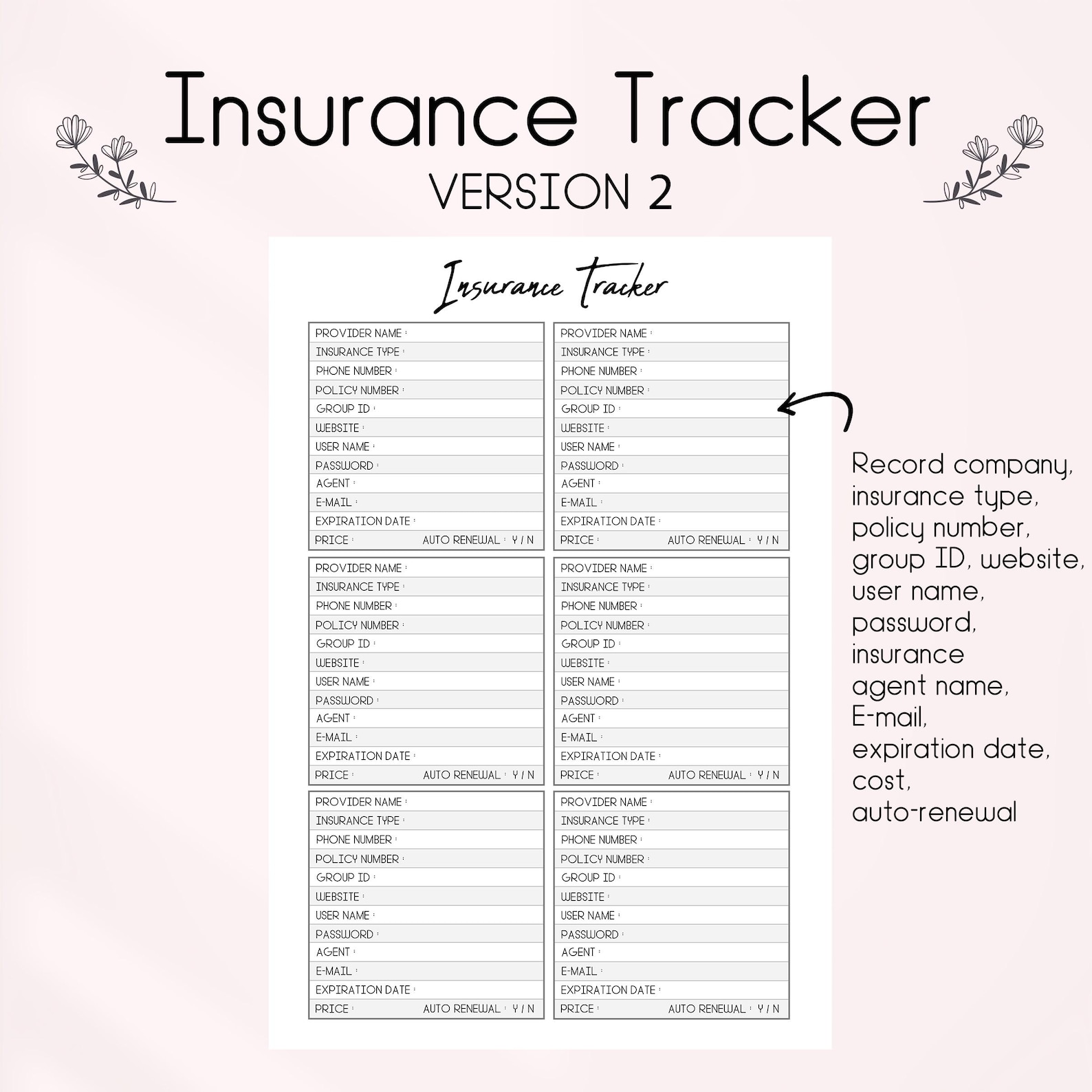 Insurance Information Tracker Printable, Insurance Policy Provider ...