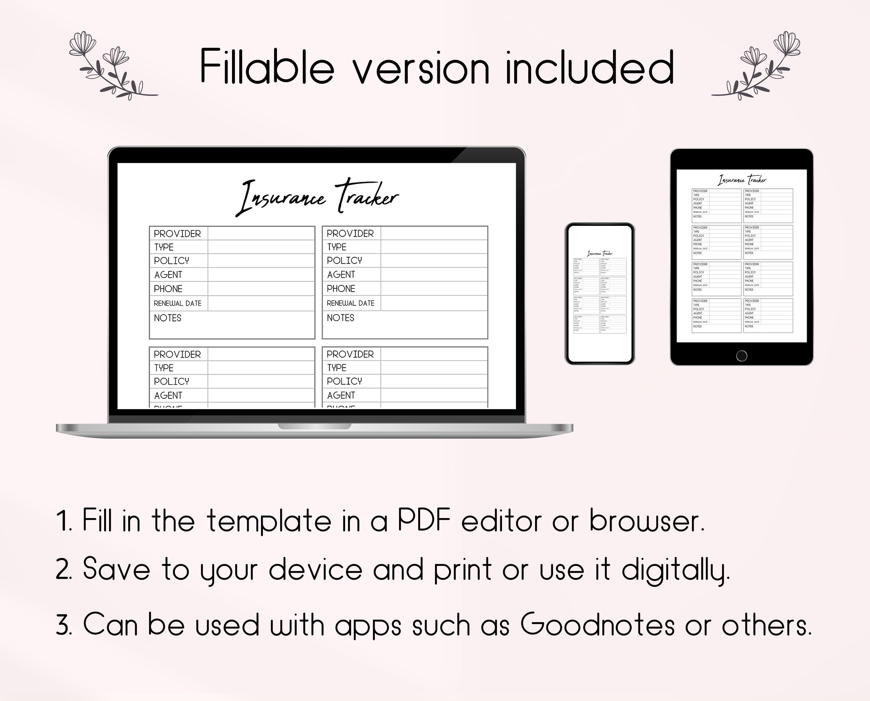 Insurance Information Tracker Printable, Insurance Policy Provider ...