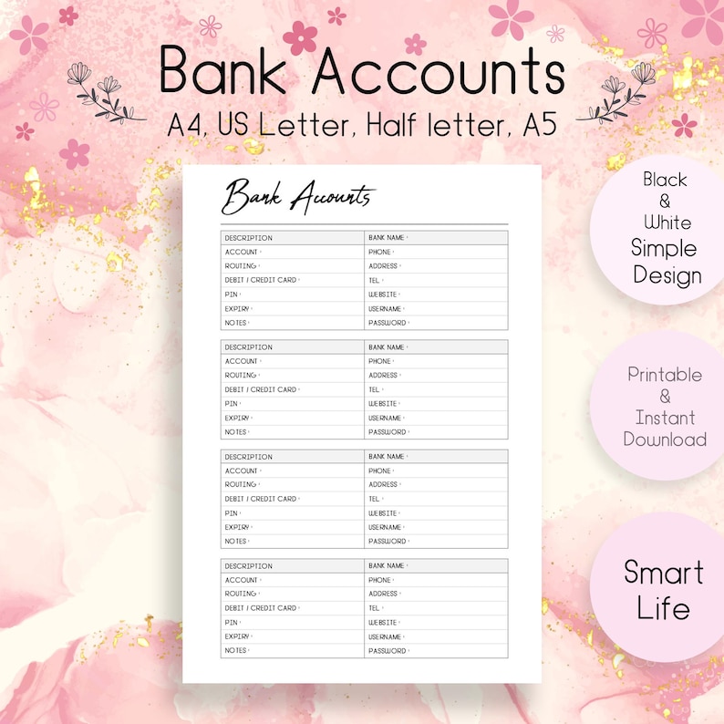 Bank Account Tracker Printable, Bank Account Information, Financial ...