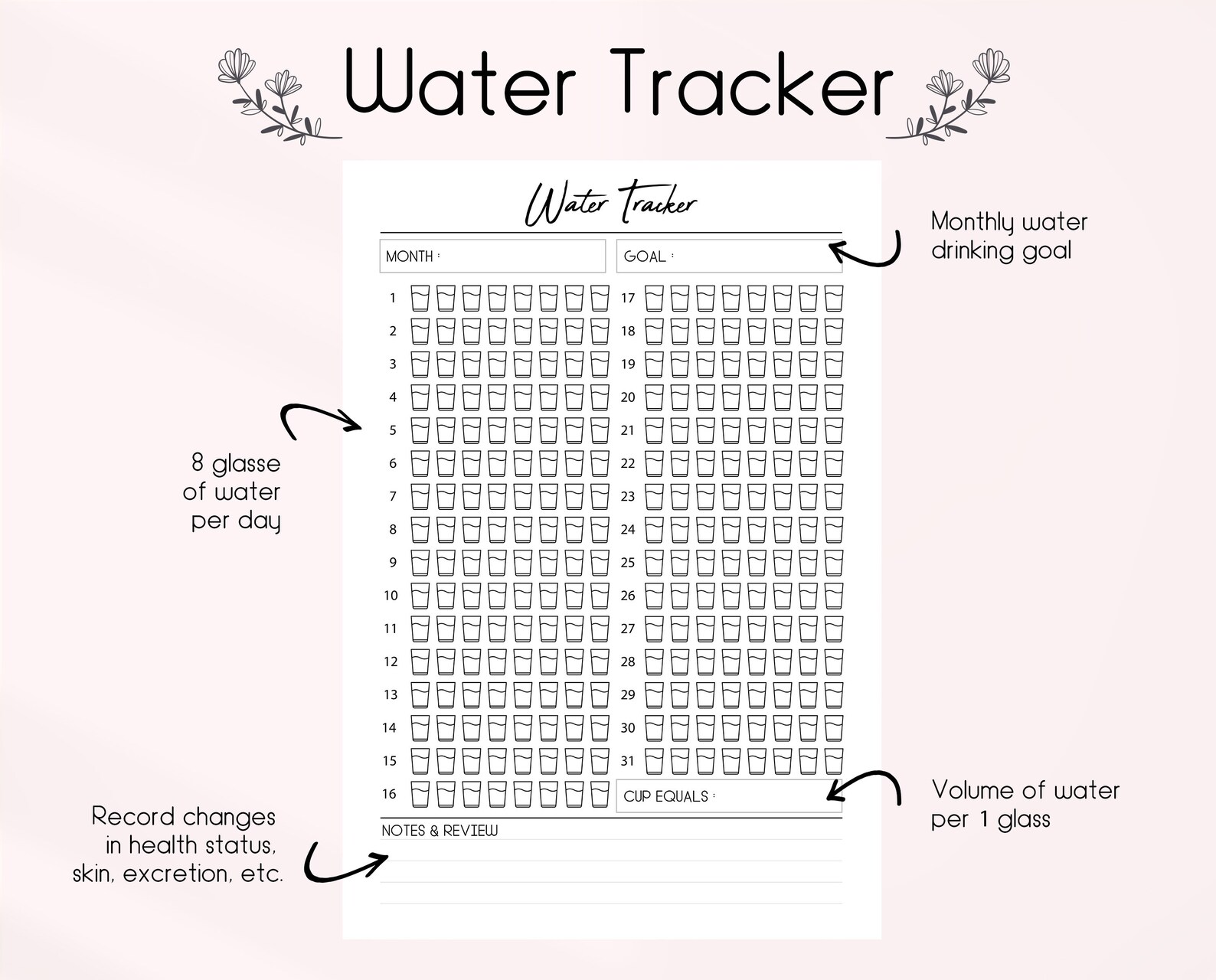 Monthly Water Tracker Printable, Monthly Journal, 31 Days Water ...