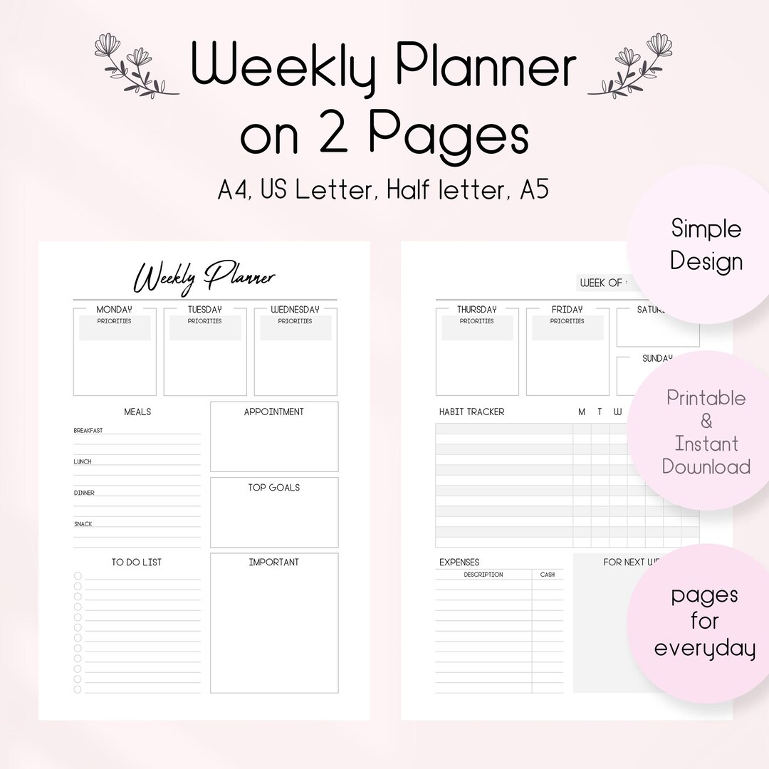 Weekly Planner on 2 Pages Printable, Minimalist Design Templates ...