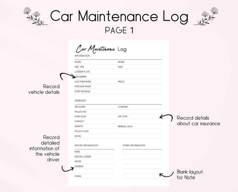Car Maintenance Log Printable: Vehicle Tracker (PDF Download) - Etsy