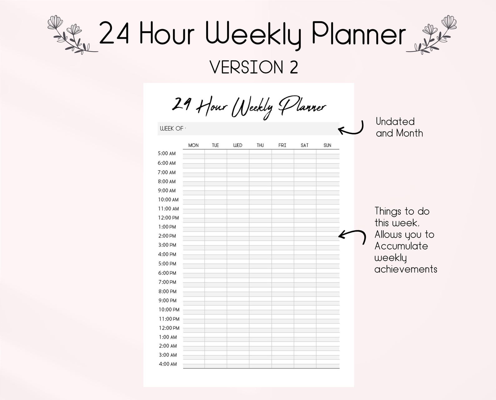 24 Hour Weekly Planner Printable, 24 Hour Weekly Schedule, Weekly ...