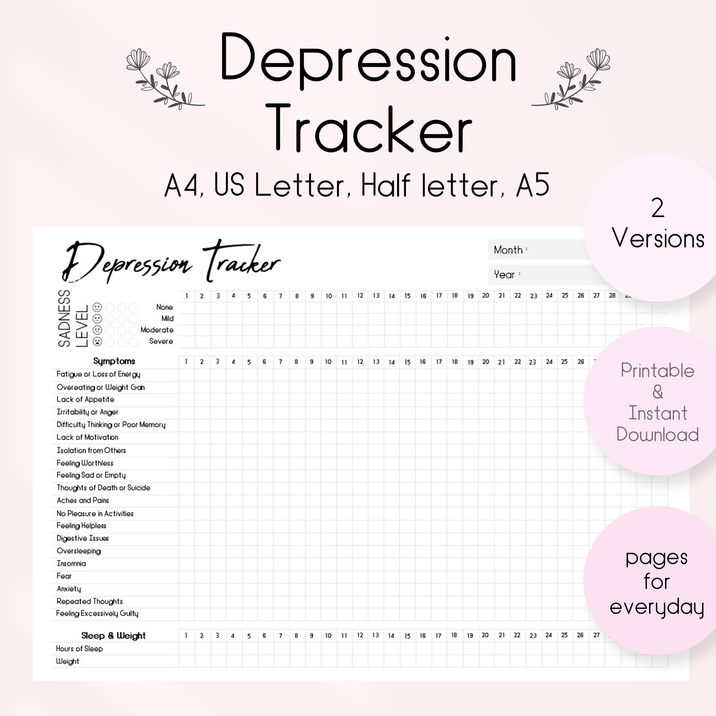 Depression Tracker Printable, Mental Health Mood Journal, Anxiety ...