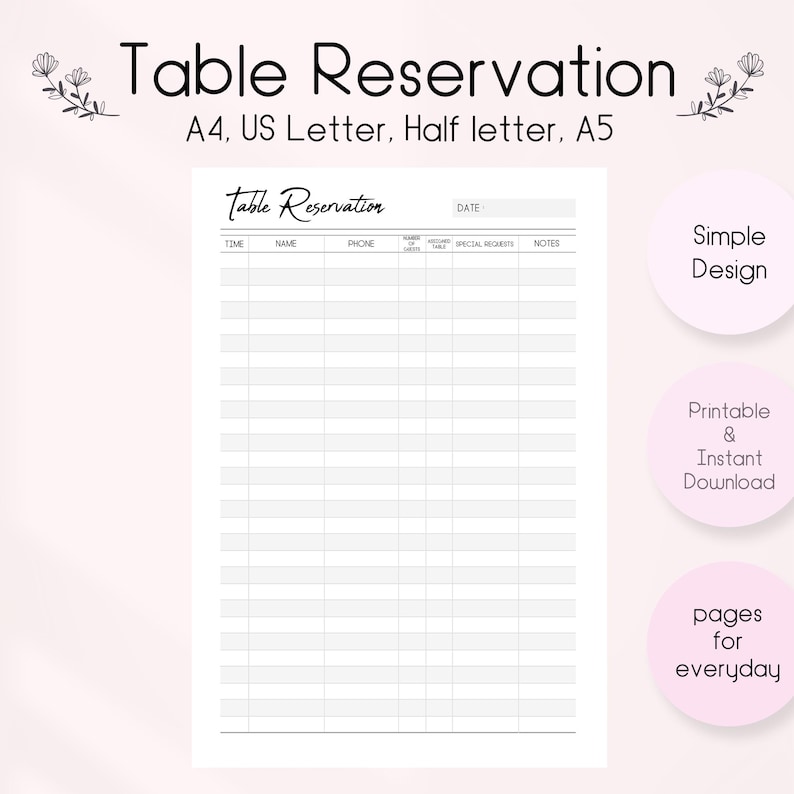 Table Reservation List Printable, Restaurant Booking Template ...