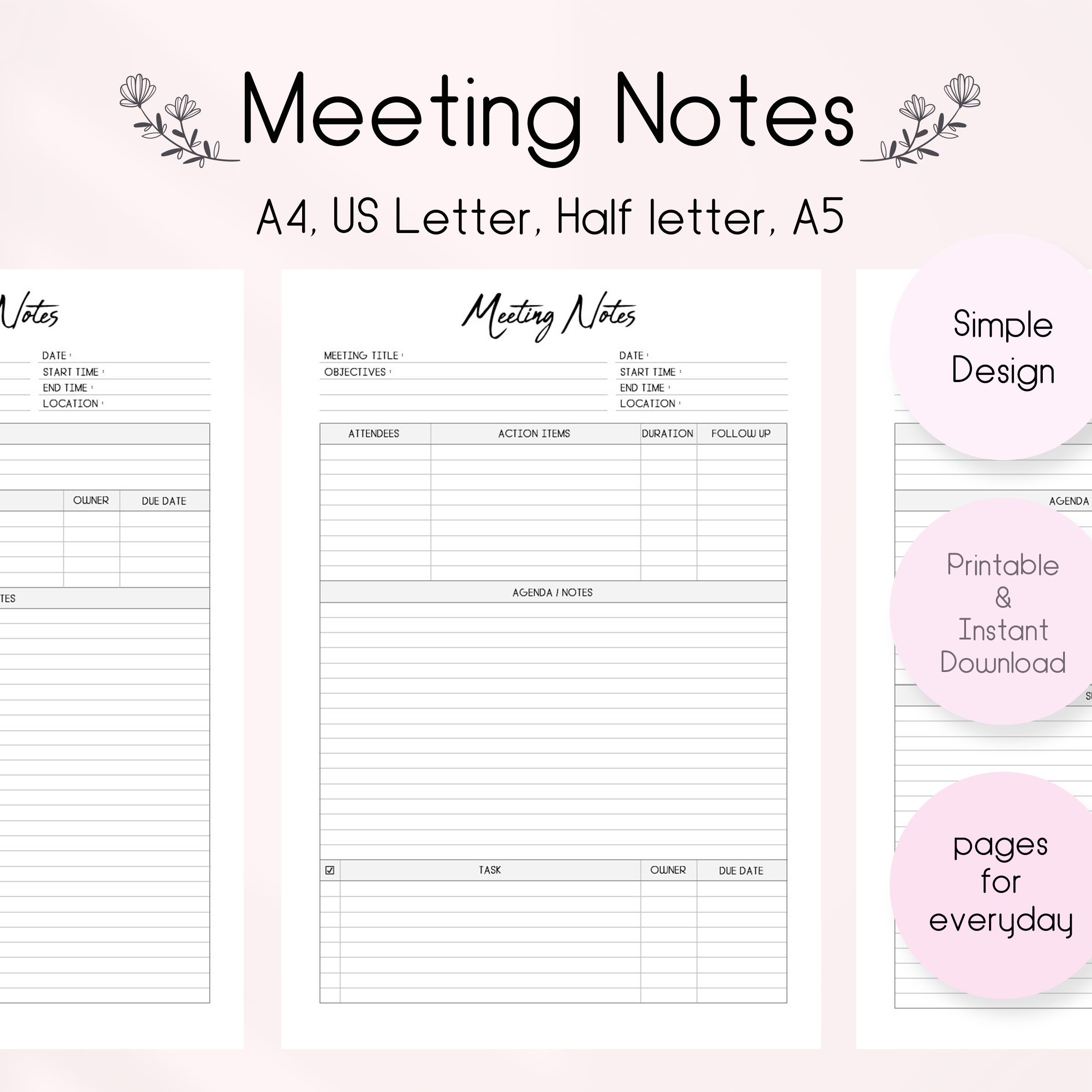 Meeting Notes Template Printable, Meeting Minutes Template, Meeting ...